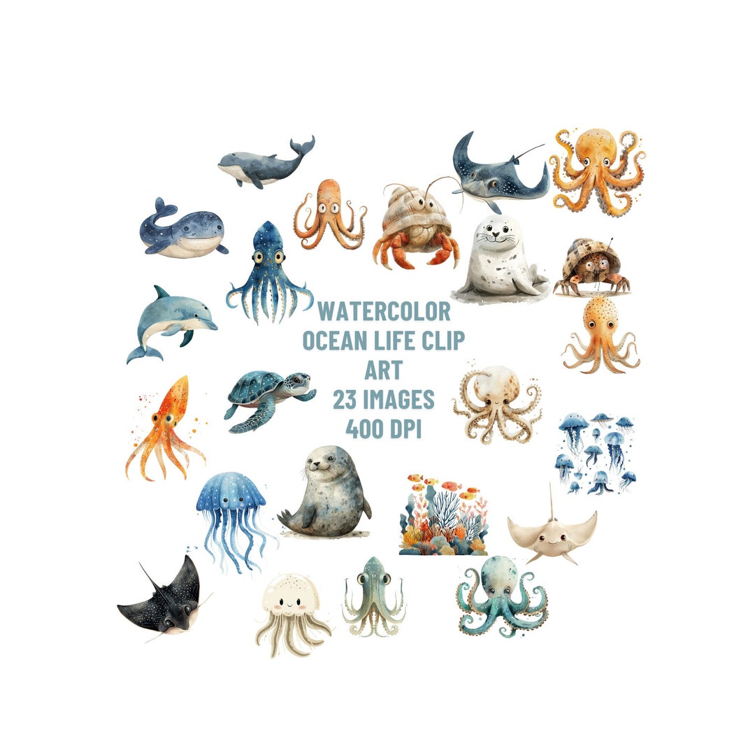 23 PNG Watercolor Ocean Life Clipart Sea Animals Download Instant ...