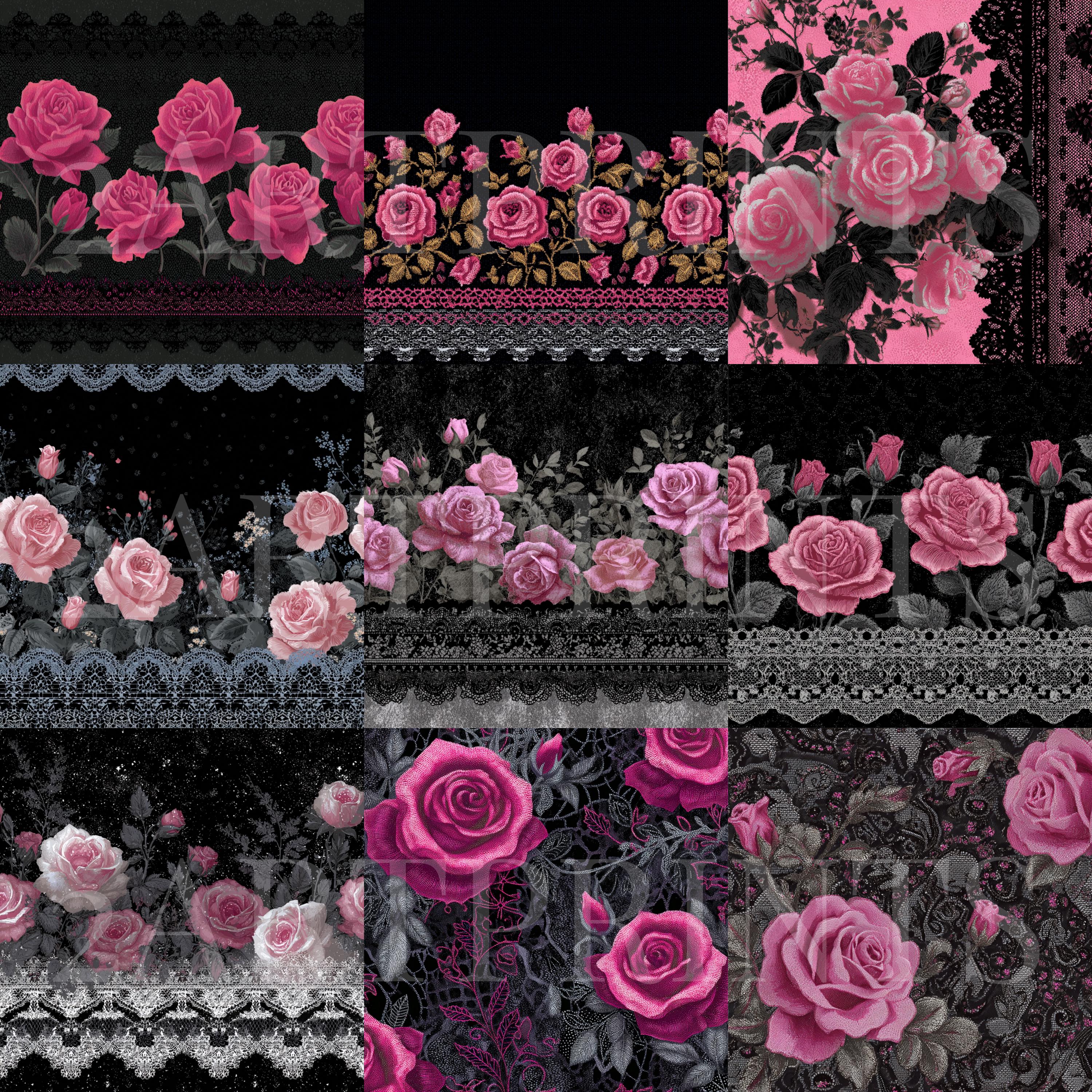 51 Black Pink Lace Roses Digital Papers Bundle | Printable Rose ...