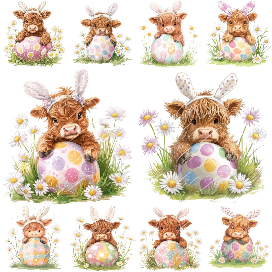 19 Cute Highland Cows Wearing Bunny Ears, With Easter Egg and Flowers ...