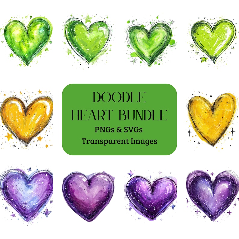 30 PNG Cute Doodle Heart Clipart Bundle | Red, Pink, Orange, Green ...