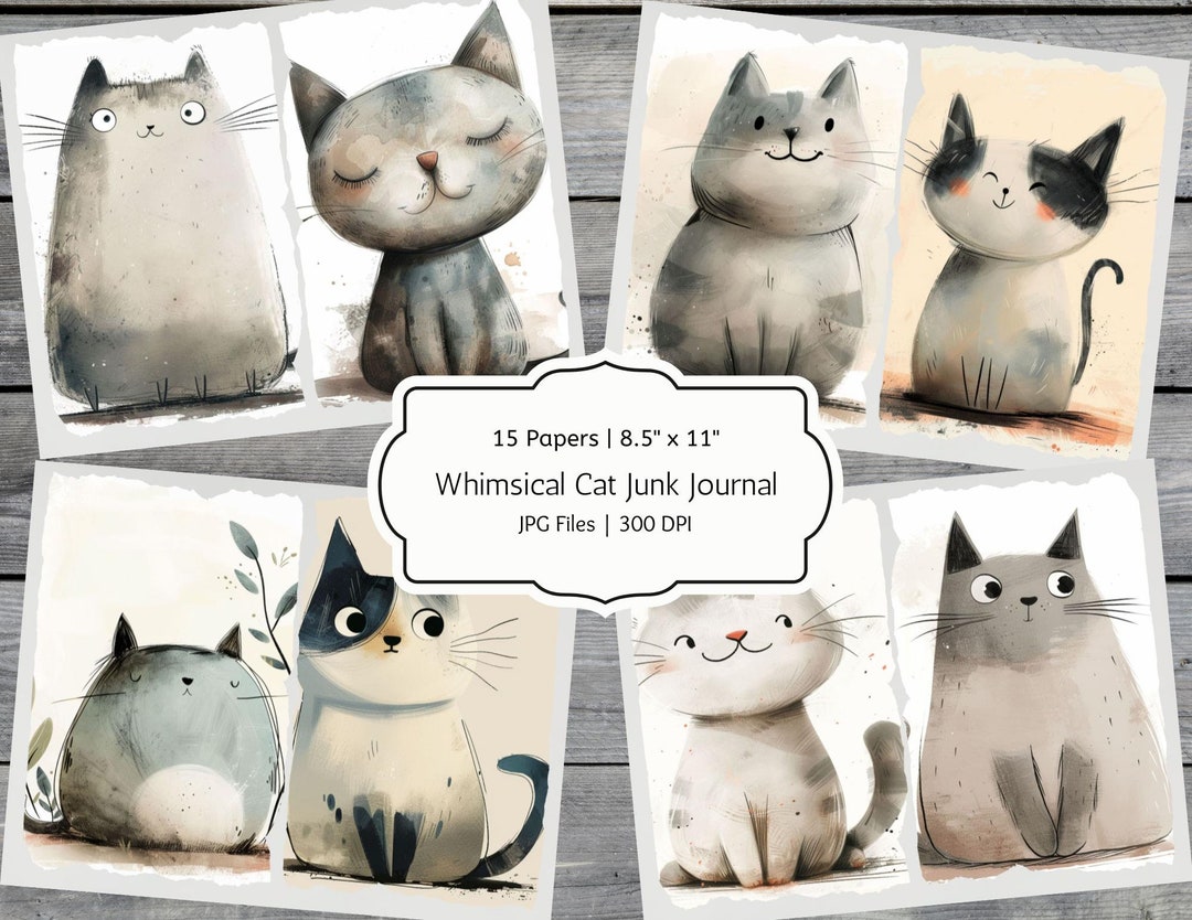 15 Printable Expressive Cats Paper Bundle, Cat Junk Journal Pages ...