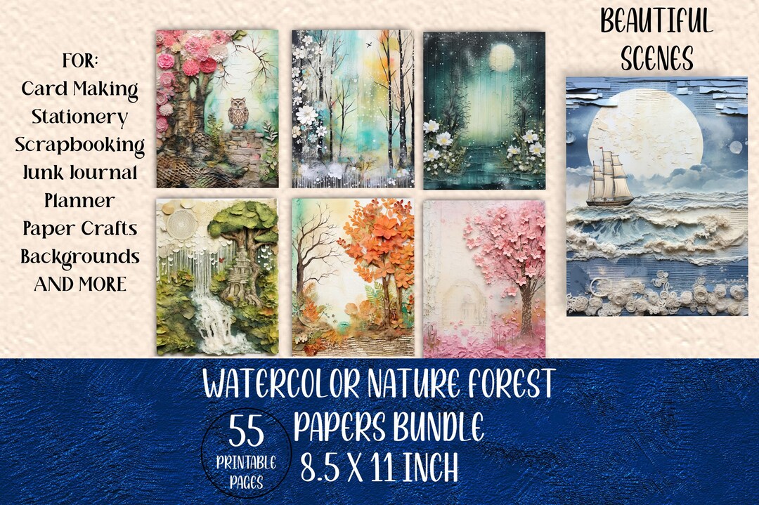 55 Nature Papers, Forest Scene, Watercolor Trees, Nature Journal ...