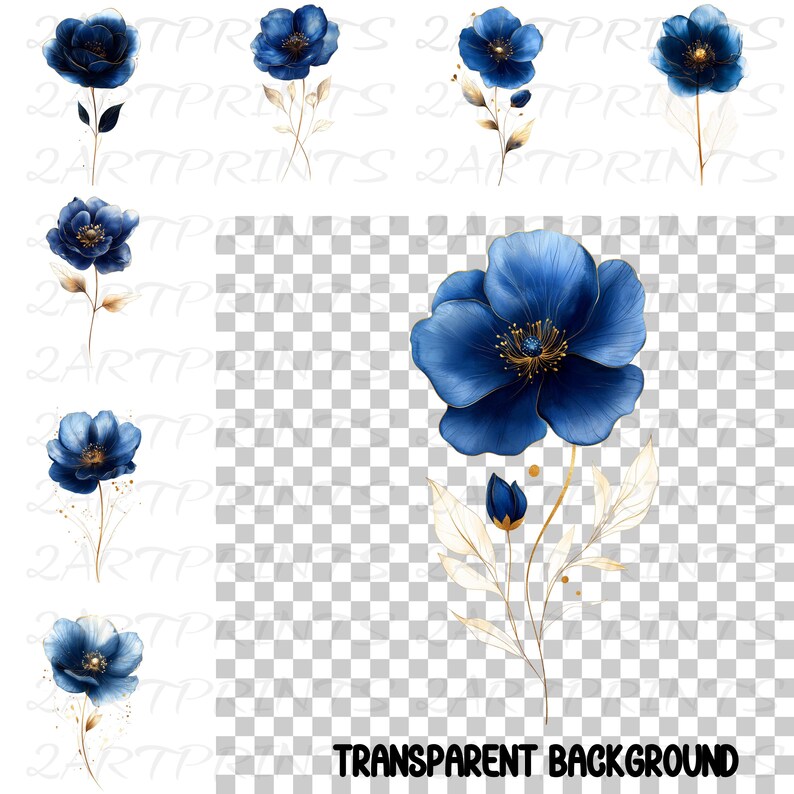 Blue Gold Watercolor Abstract Flowers Clipart Designs | Stylish Elegant ...