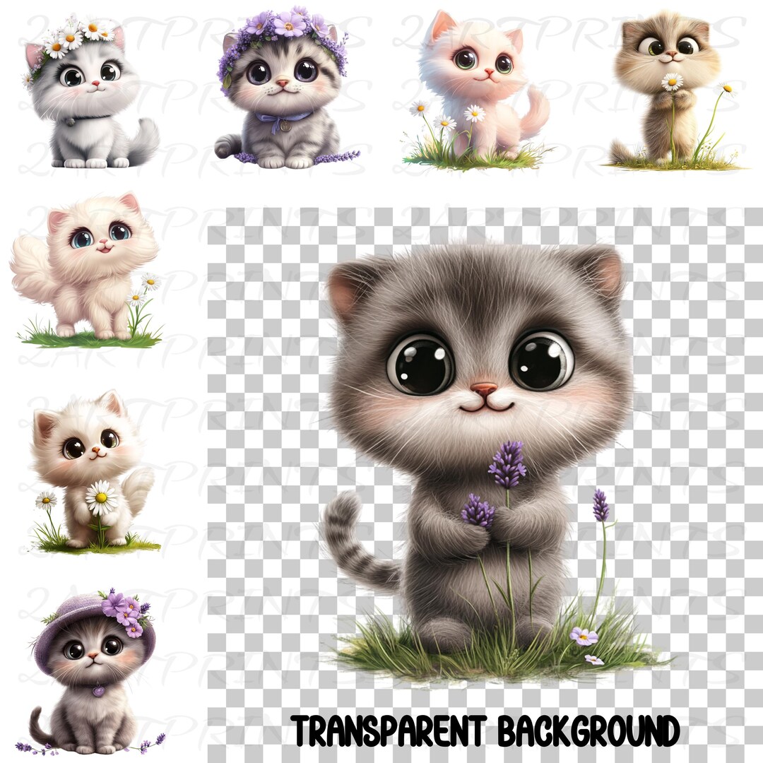 33 Spring Cats Clipart, Daisy Clip Art, Lavender Flower Cute Kitten Png ...