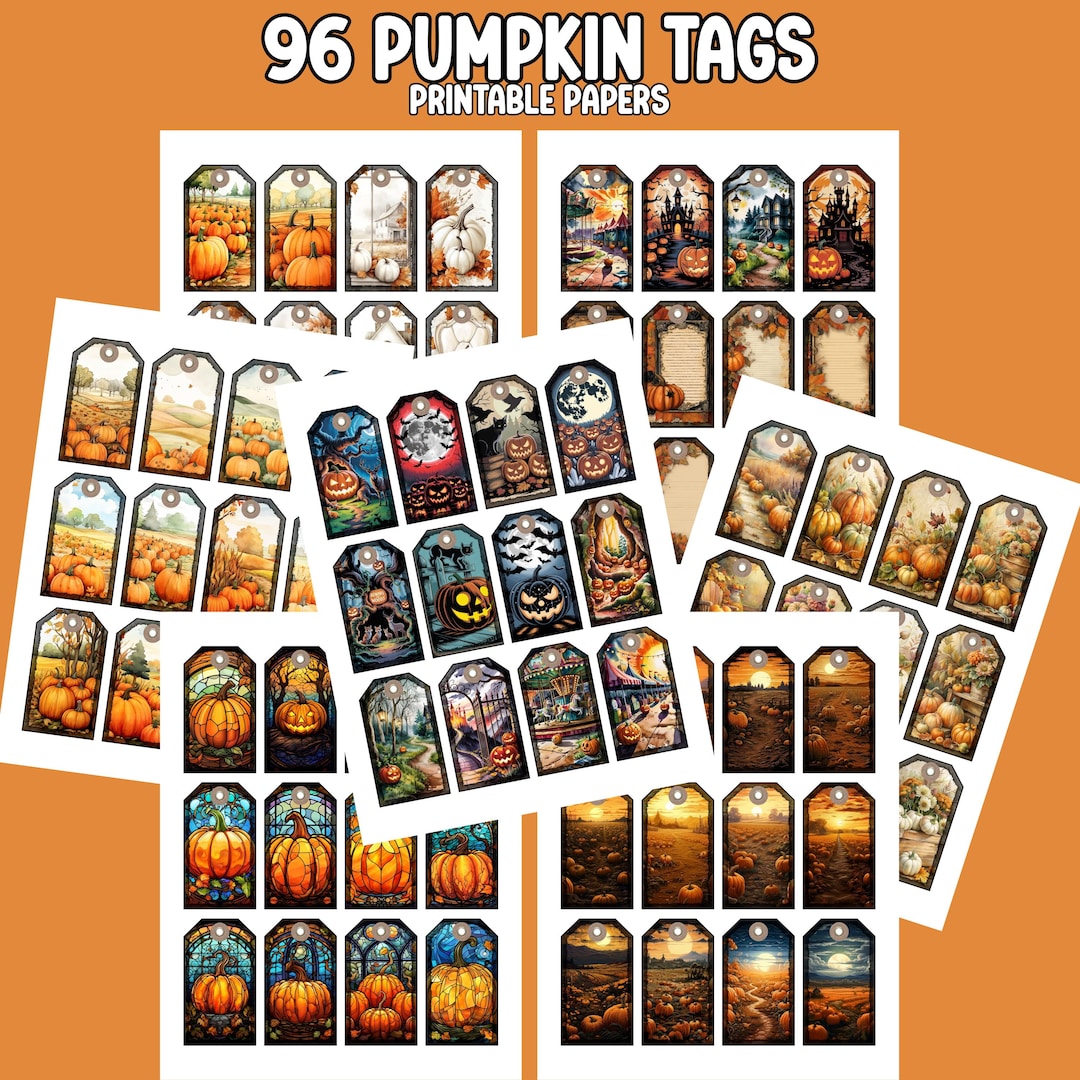 96 Pumpkin Tags Autumn Kit Printable Labels Collage Ephemera ...