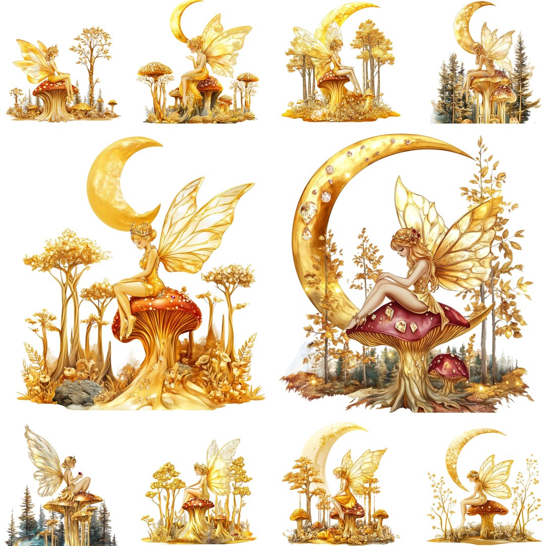 Gold Fairy Clipart PNG Designs Bundle, Crescent Moon Fairy, Fairies on ...