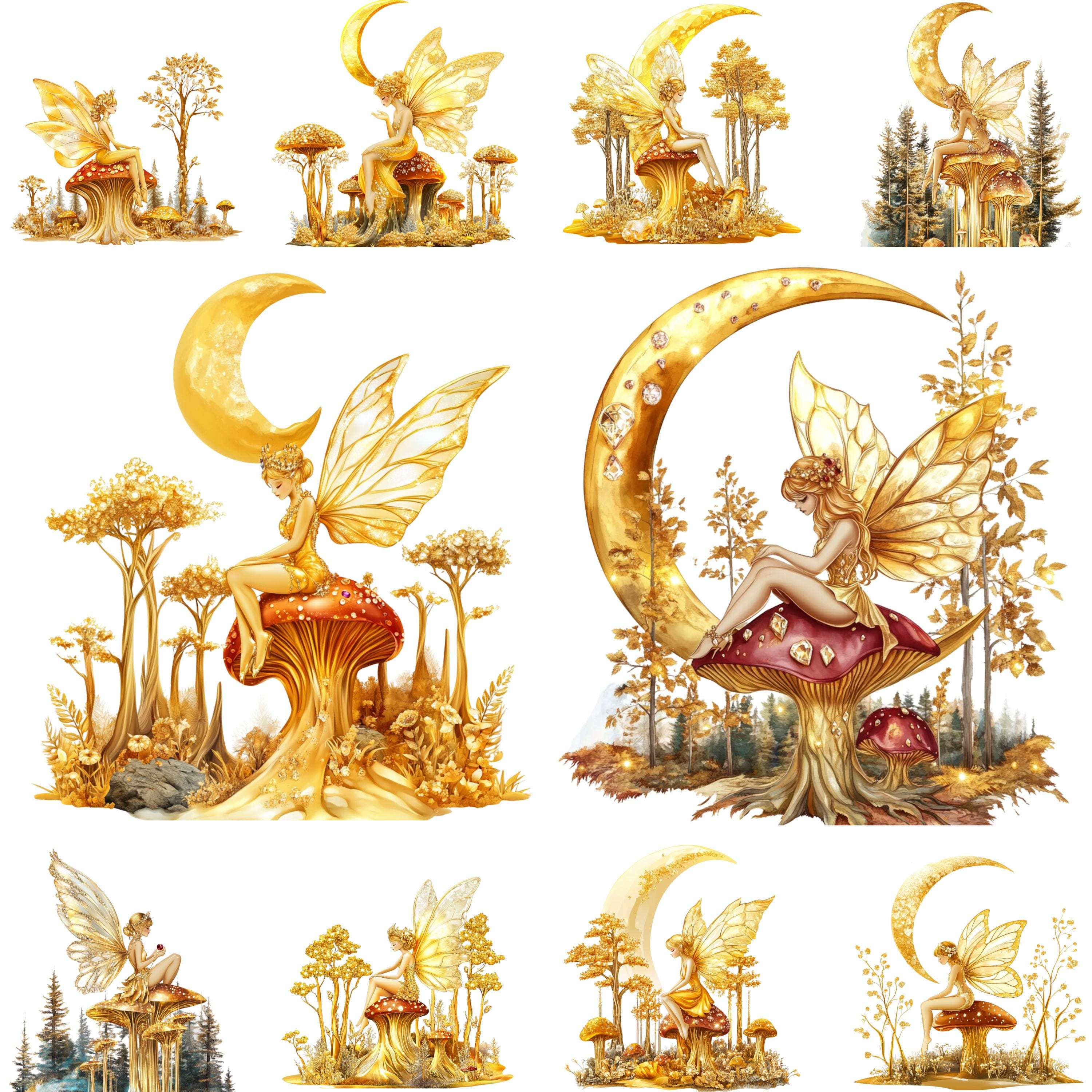 Gold Fairy Clipart PNG Designs Bundle, Crescent Moon Fairy, Fairies on ...