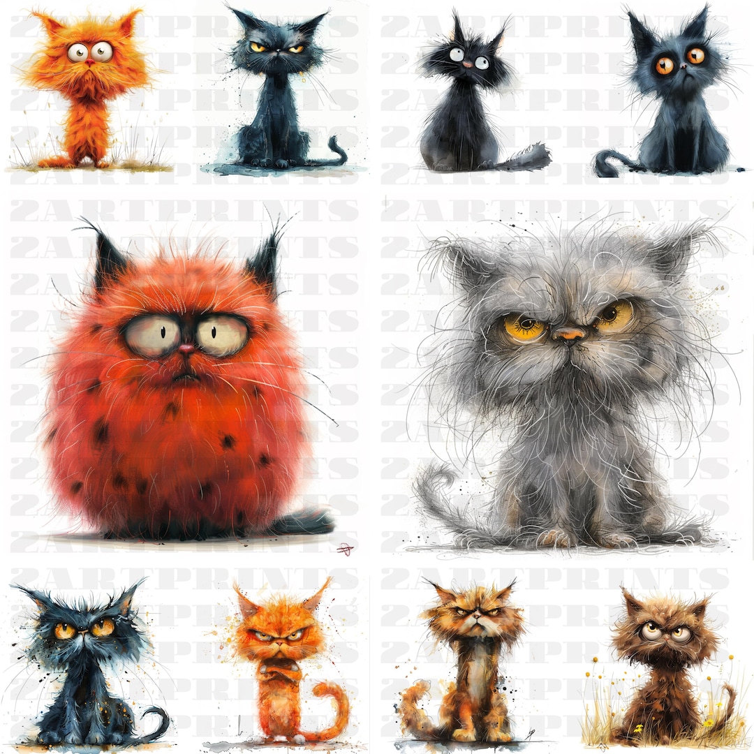 Funny Frazzled Cartoon Cats Clipart | Cute Funny Face Quirky Cat Clip ...