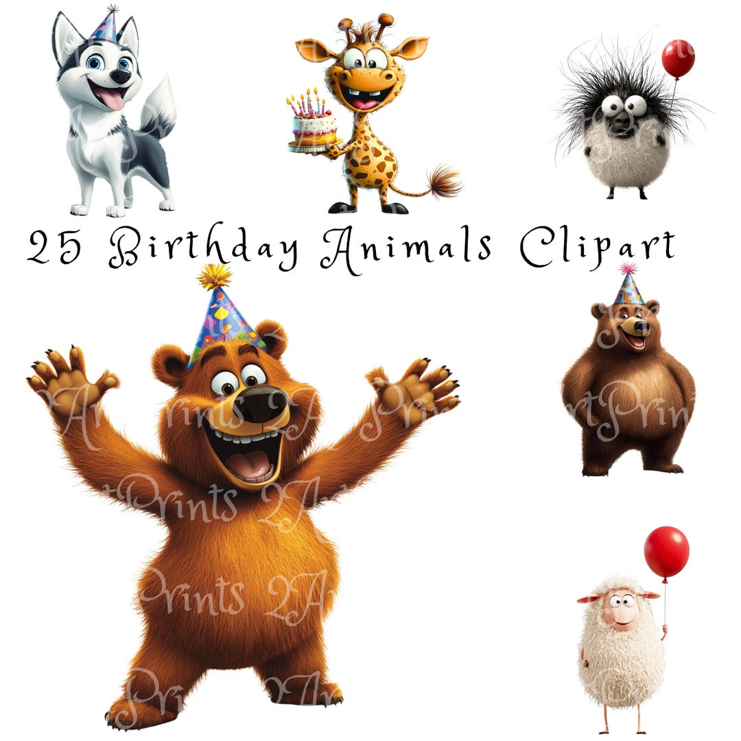 Whimsical Birthday Animals Clipart Design Bundle, Animal Celebration ...