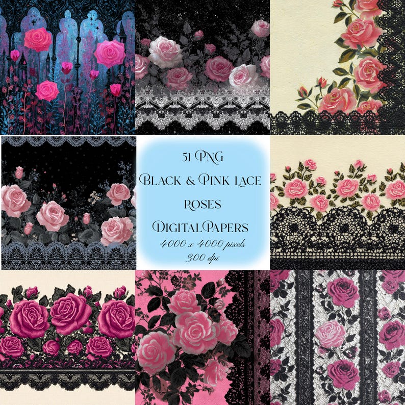 51 Black Pink Lace Roses Digital Papers Pack, Junk Journal Scrapbooking ...