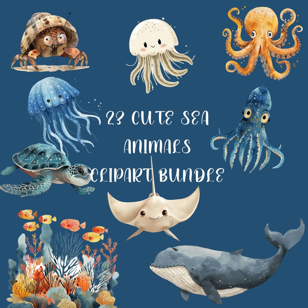 23 Cute Ocean Sea Clipart Animals Png,sea Animal Png Bundle,watercolor ...