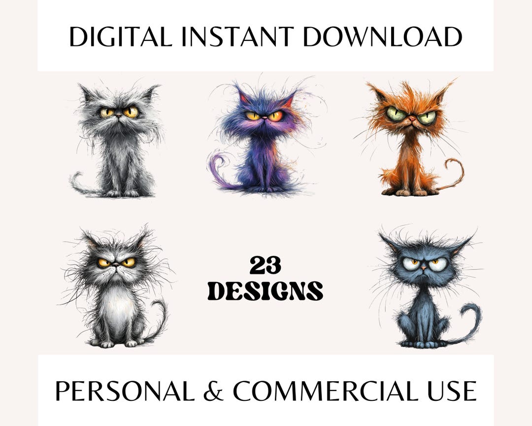 Frazzled Cats, Funny Cat Cartoon, Cats Clipart Bundle, Quirky Cats ...