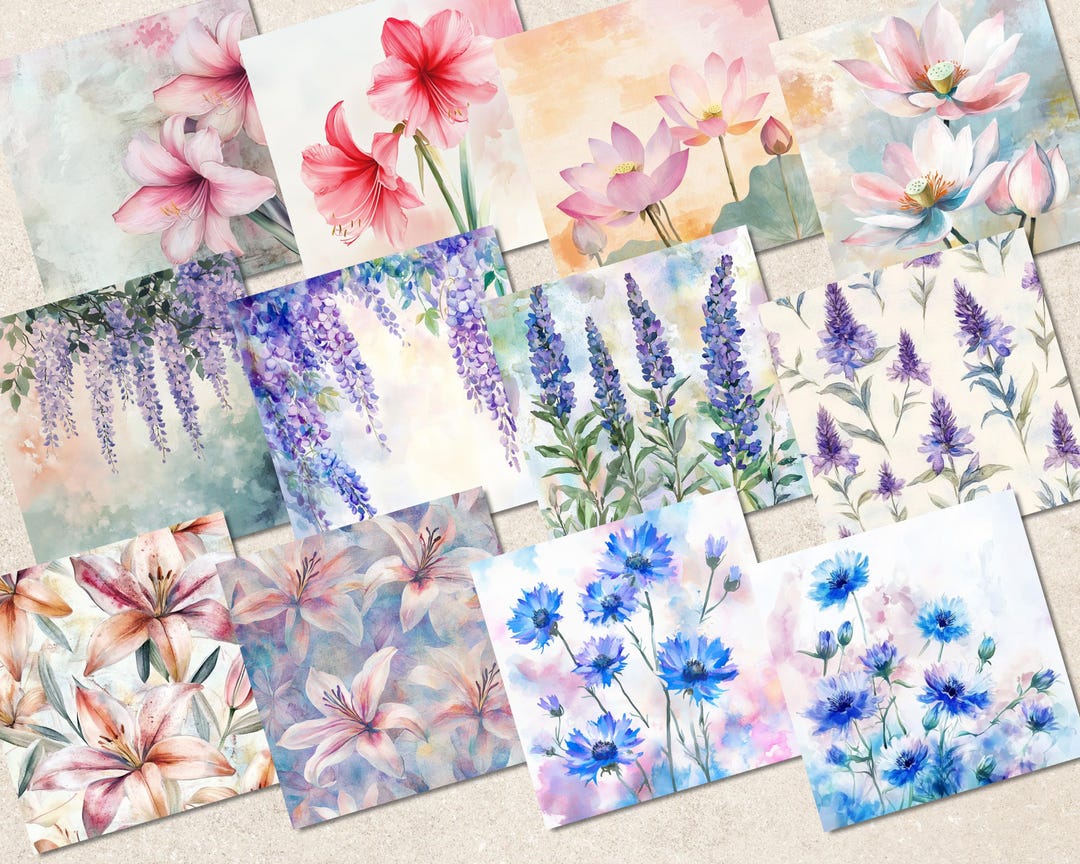 92 Watercolor Flowers Background Papers Digital Floral Flower Images ...