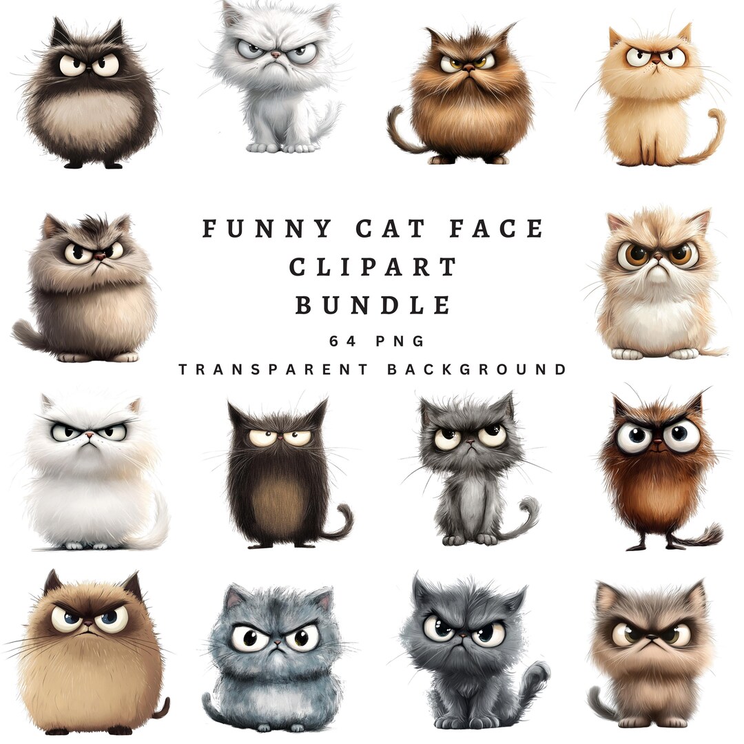 64 Expressive Funny Face Cats Clipart, Funny Cat Face, Whimsical Cats ...