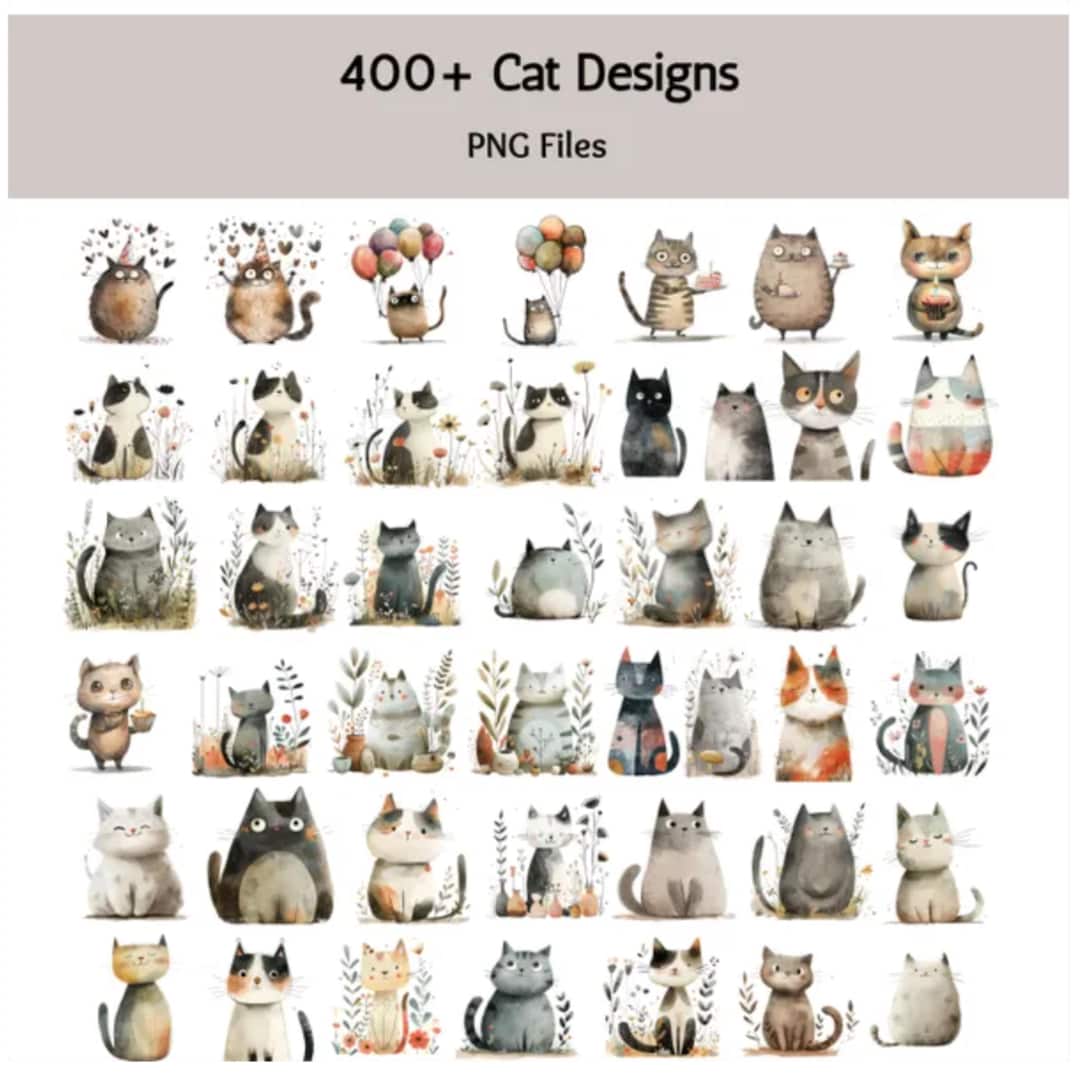 400 PNG Printable Cute Cat Clipart Designs | Whimsical Cats | Silly Cat ...