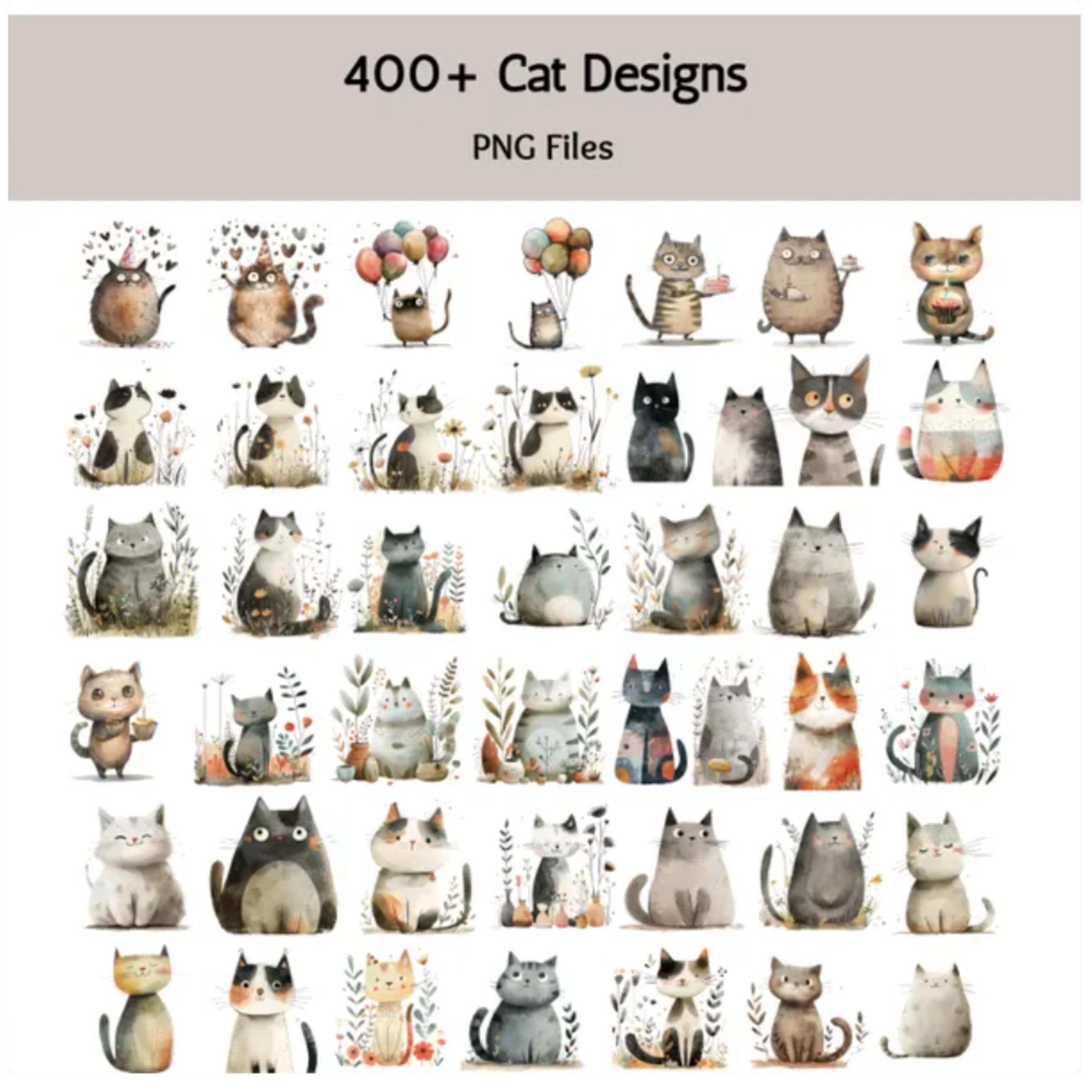 400+ Cute Cat Designs Clipart Bundle | Funny Cute Whimsical Kitty Clip ...
