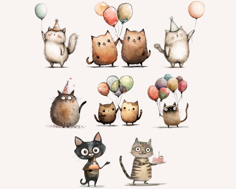 Birthday Cats Clipart Bundle, Cute Cat Party Clip Art, Happy Cats, PNG ...