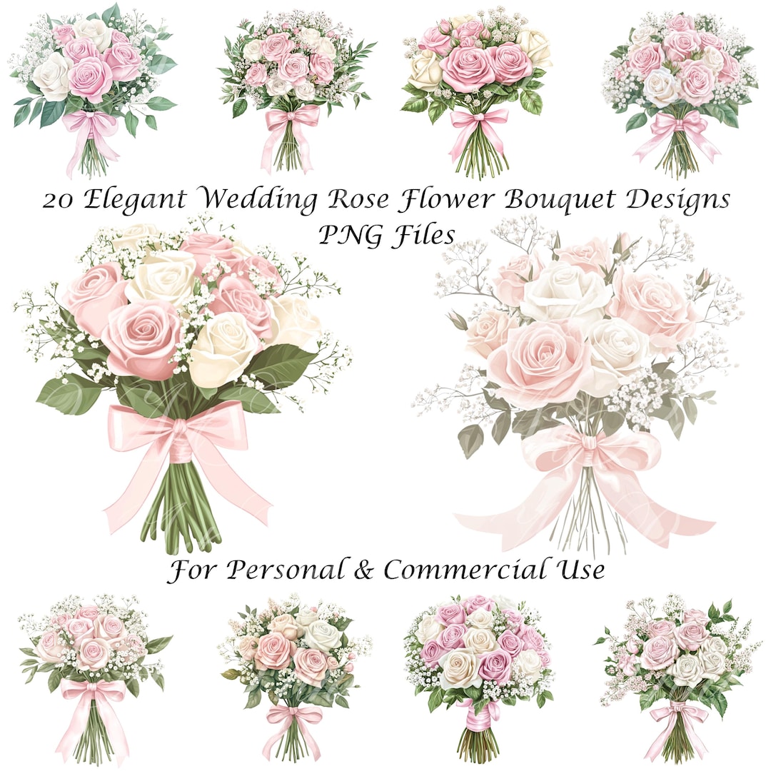 Pink Flower Wedding Clipart, Watercolor Rose Bouquet PNG Clip Art, 20 ...