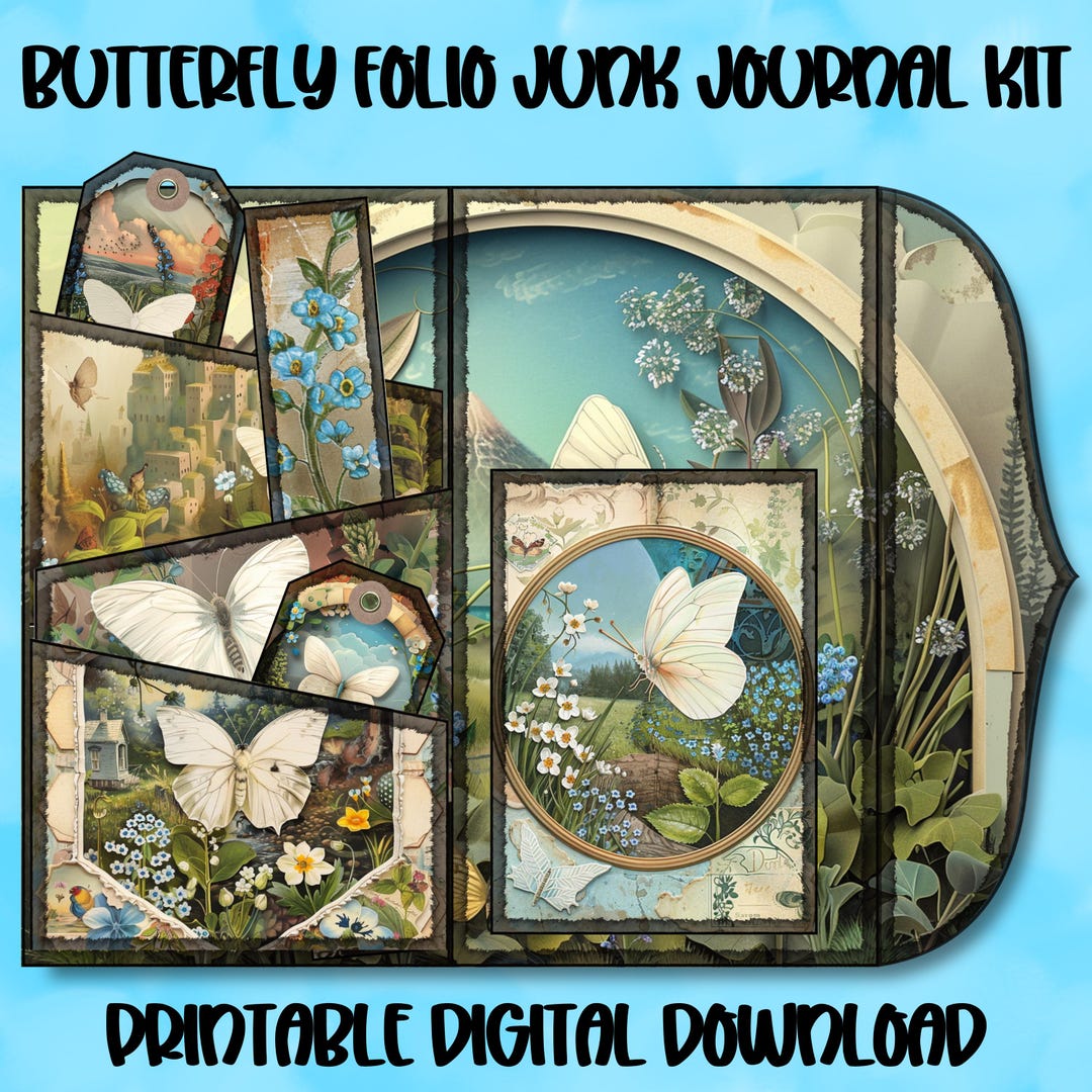 Printable Junk Journal Butterfly Folio Kit | Shabby Chic Folio Paper ...