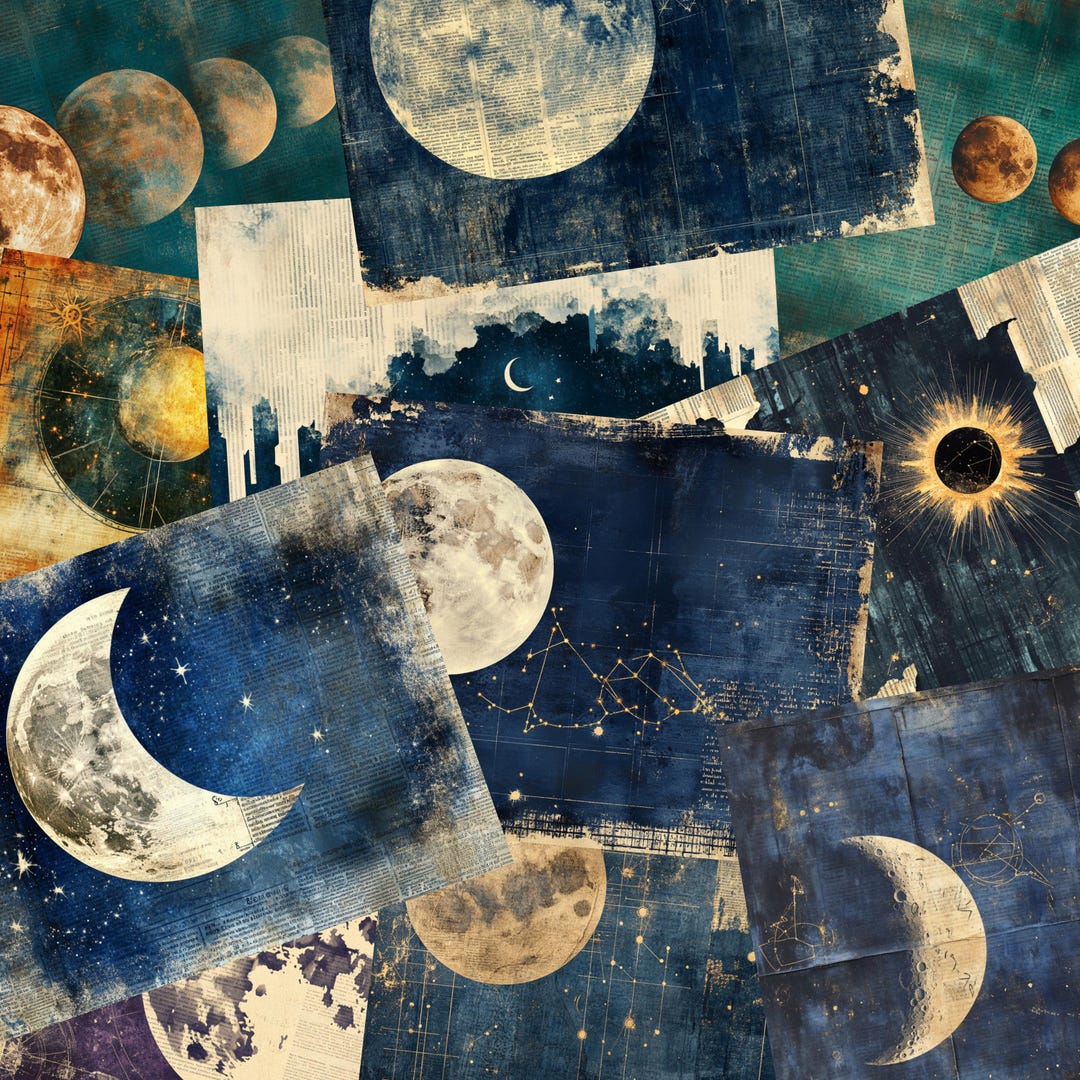 Printable Blue Moon Papers and Pockets, Celestial Junk Journal Pages ...