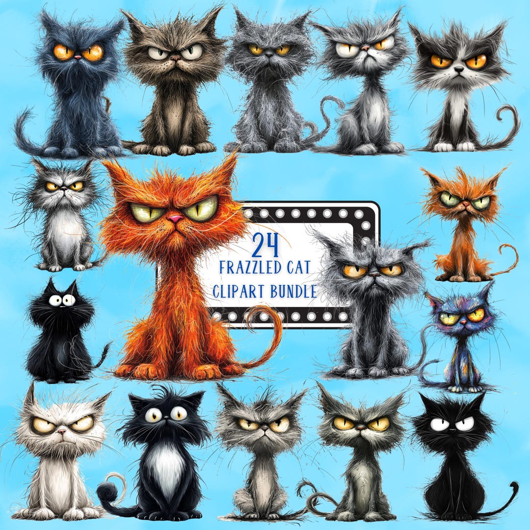 Frazzled Cat Clip Art Bundle,high Quality PNG Funny Whimsical Cartoon ...