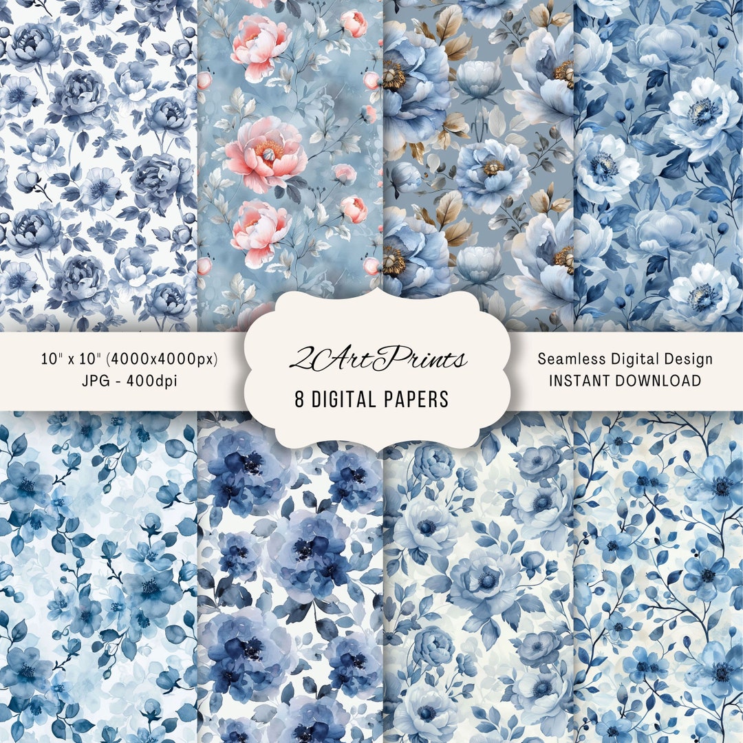 Watercolor Blue Flower Digital Paper Watercolor Blue Flower Backgrounds ...