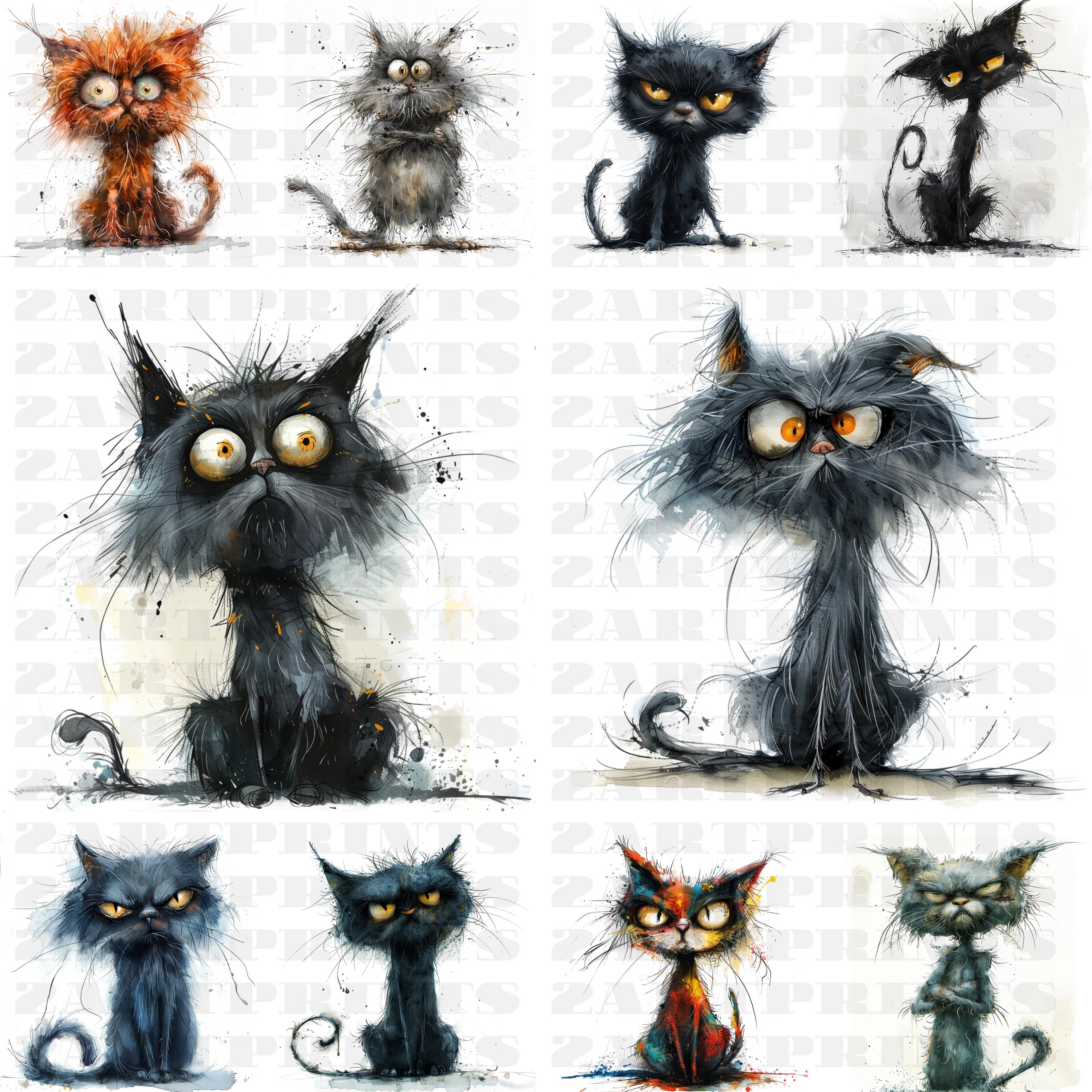 Frazzled Cat Clipart, Quirky Cat Clipart, Printable Watercolor Clipart ...