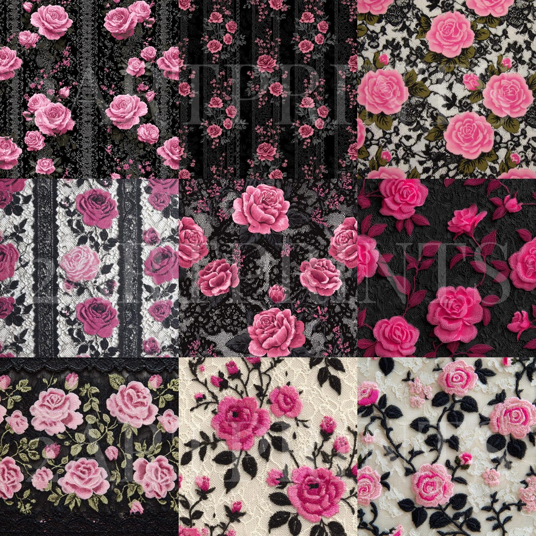 51 Black Pink Lace Roses Digital Papers Pack, Junk Journal Scrapbooking ...