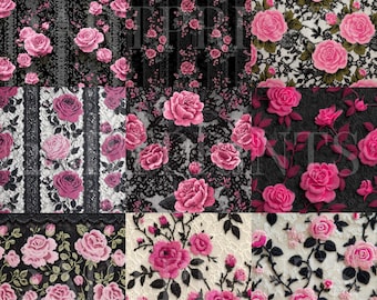 51 Black Pink Lace Roses Digital Papers Pack, Junk Journal Scrapbooking ...