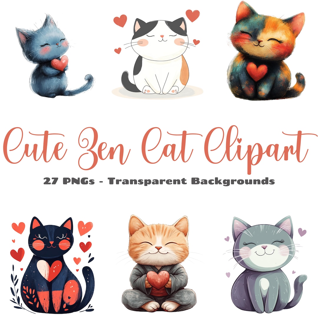 27 Cute Cats Clip Art PNG Commercial Use Valentine Zen Cat Designs ...