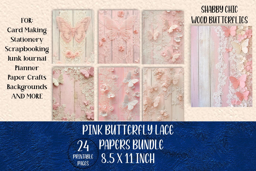 24 Shabby Chic Pink Butterfly Lace Junk Journal Pages,wood Collage ...