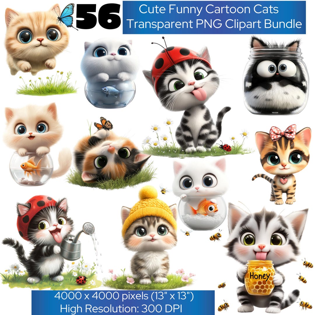 Cute Funny Cartoon Cats Clipart Bundle 56 Quirky Cats PNG Funny Cat ...