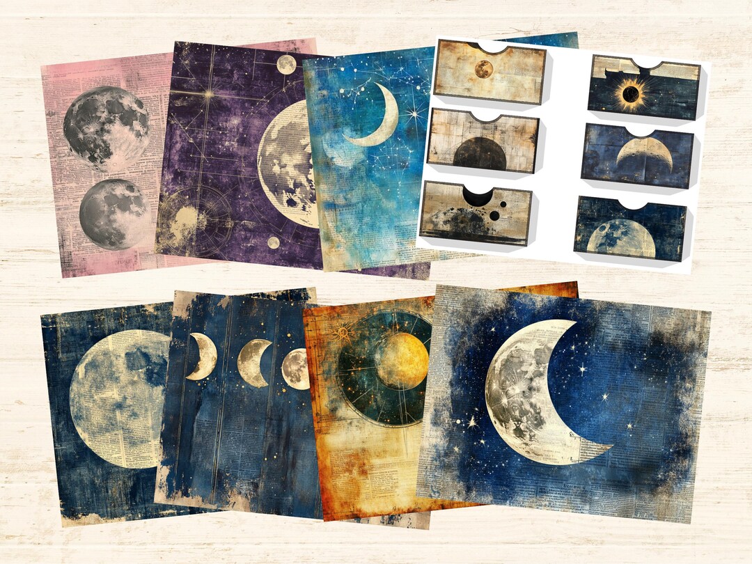 Moon Phases Moons Junk Journal Pages, Printable Celestial Star Moon ...