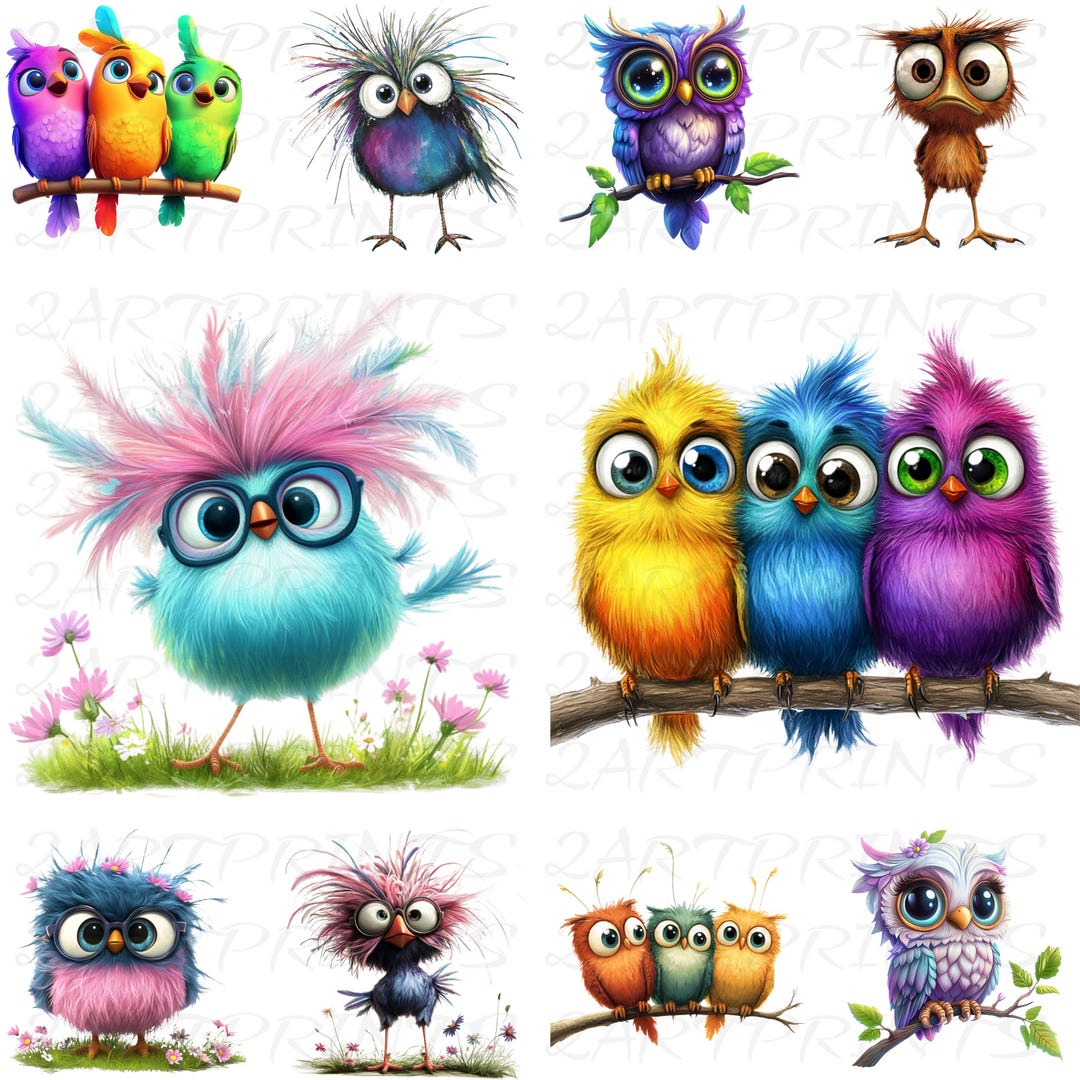Cute Colorful Whimsical Bird Clipart Transparent PNG Bundle, Tree ...