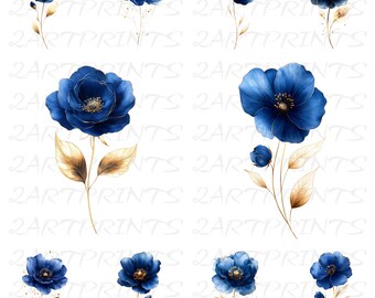 Elegant Blue Gold Flower Clipart, Watercolor Floral Clip Art, Abstract ...