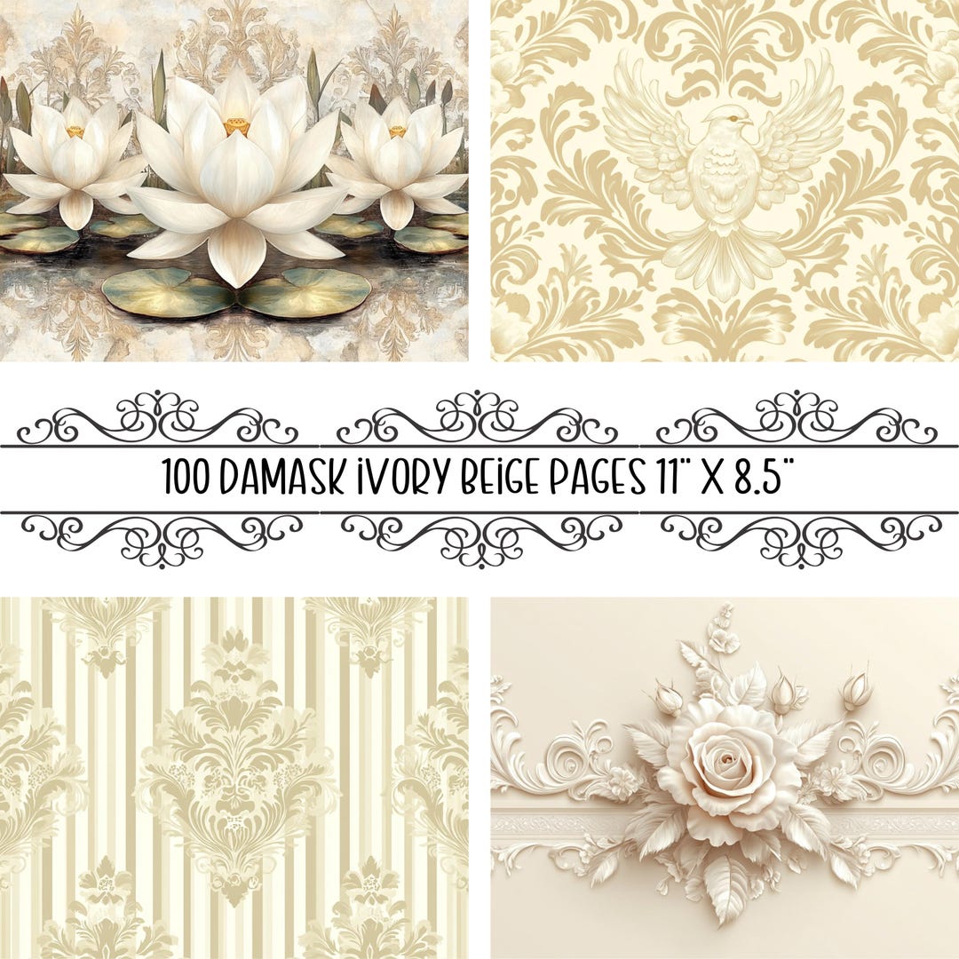 100 Printable Ivory Damask Papers, Elegant Neutral Beige Junk Journal ...