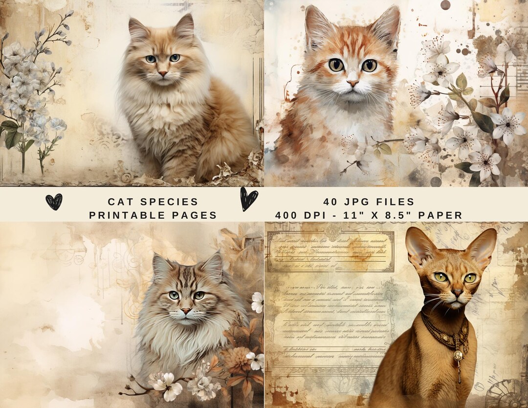 40 Cats Flowers Collage Papers | Thank You Gift of 15 Whimsical Cat ...
