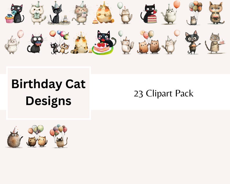 Birthday Cats Clipart Bundle, Cute Cat Party Clip Art, Happy Cats, PNG ...