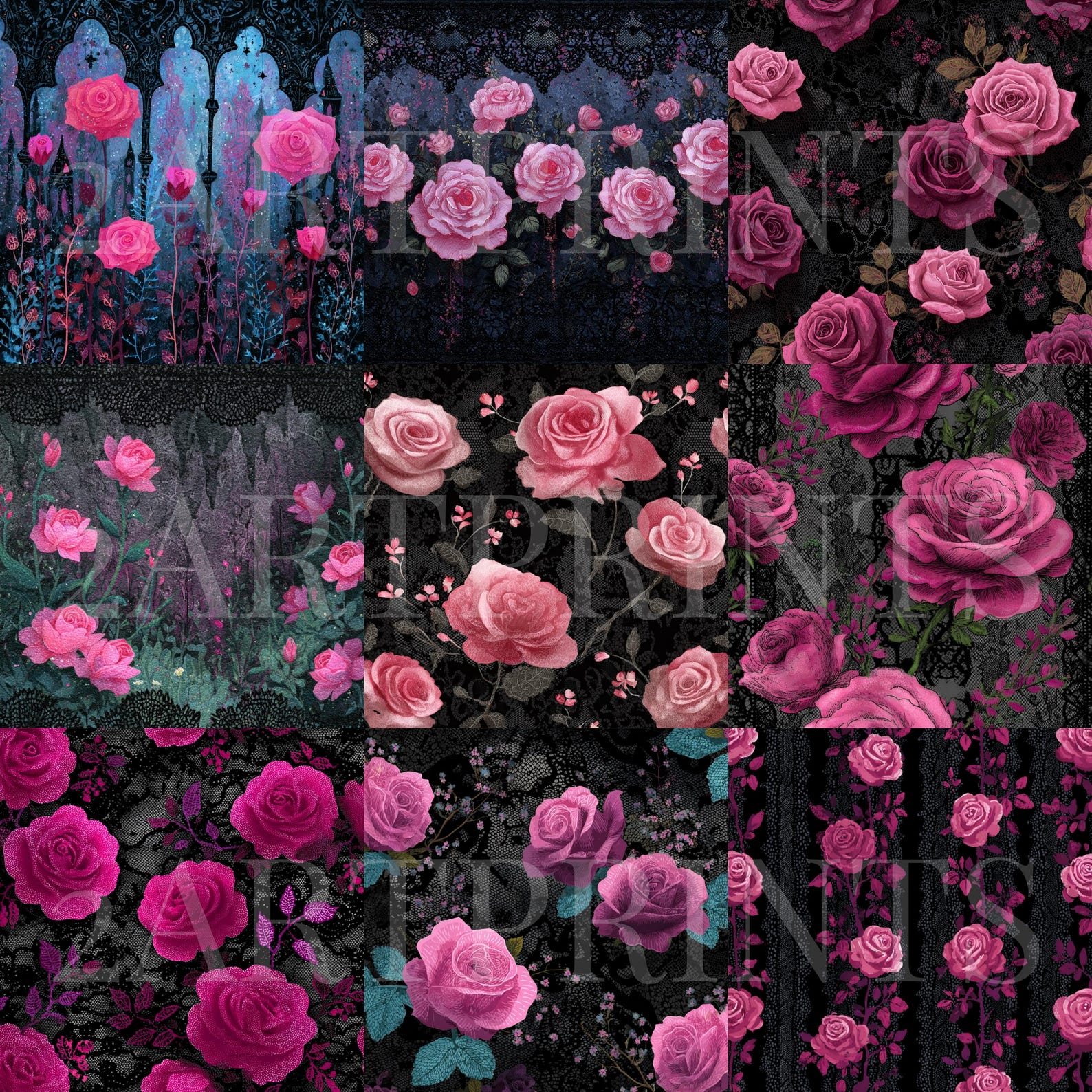 51 Black Pink Lace Roses Digital Papers Pack, Junk Journal Scrapbooking ...