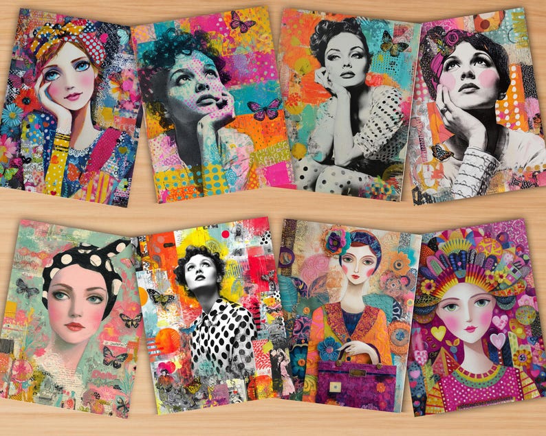 48 Ladies Mixed Media Collage Paper | Printable Whimsical Women ...