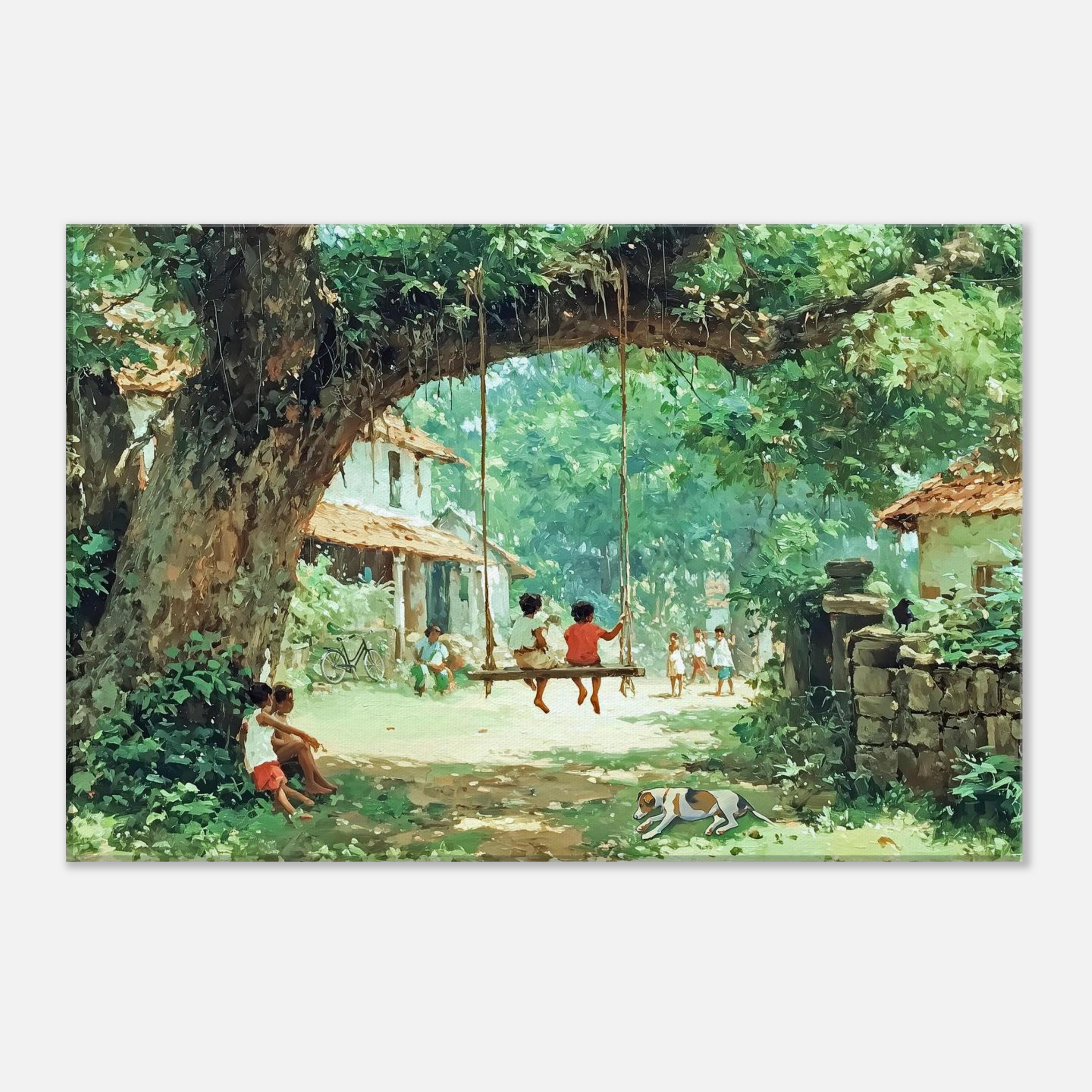 Small Town India Scene Children on a Swing Canvas Print, Wall Art Home ...