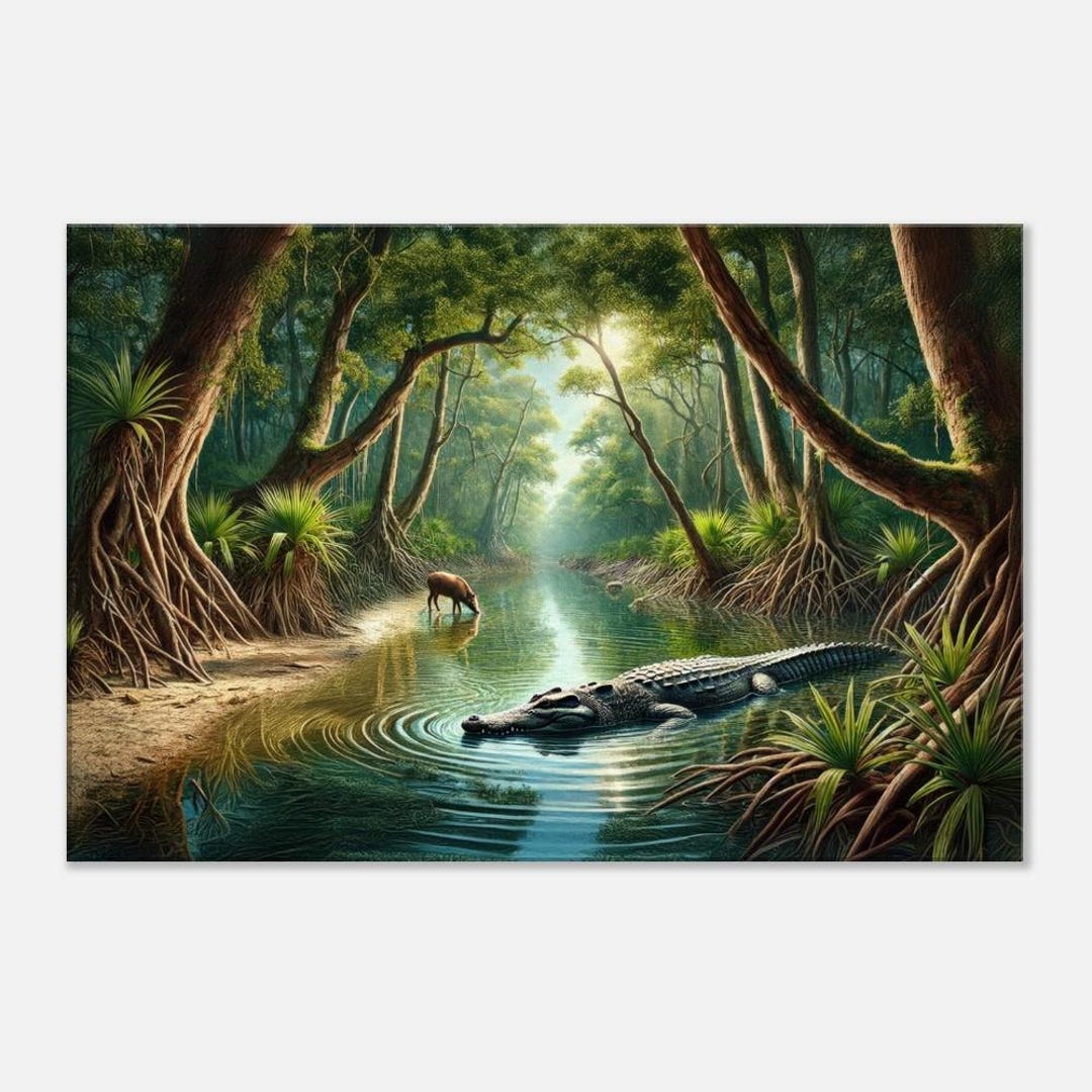 Sunderban Mangrove Forest With a Crocodile and Boar, Canvas Print, Wall ...