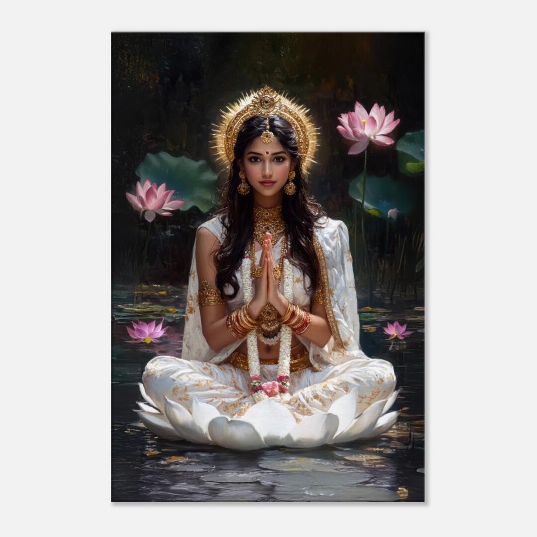 Impressão em tela da deusa hindu Saraswati do conhecimento, arte de ...