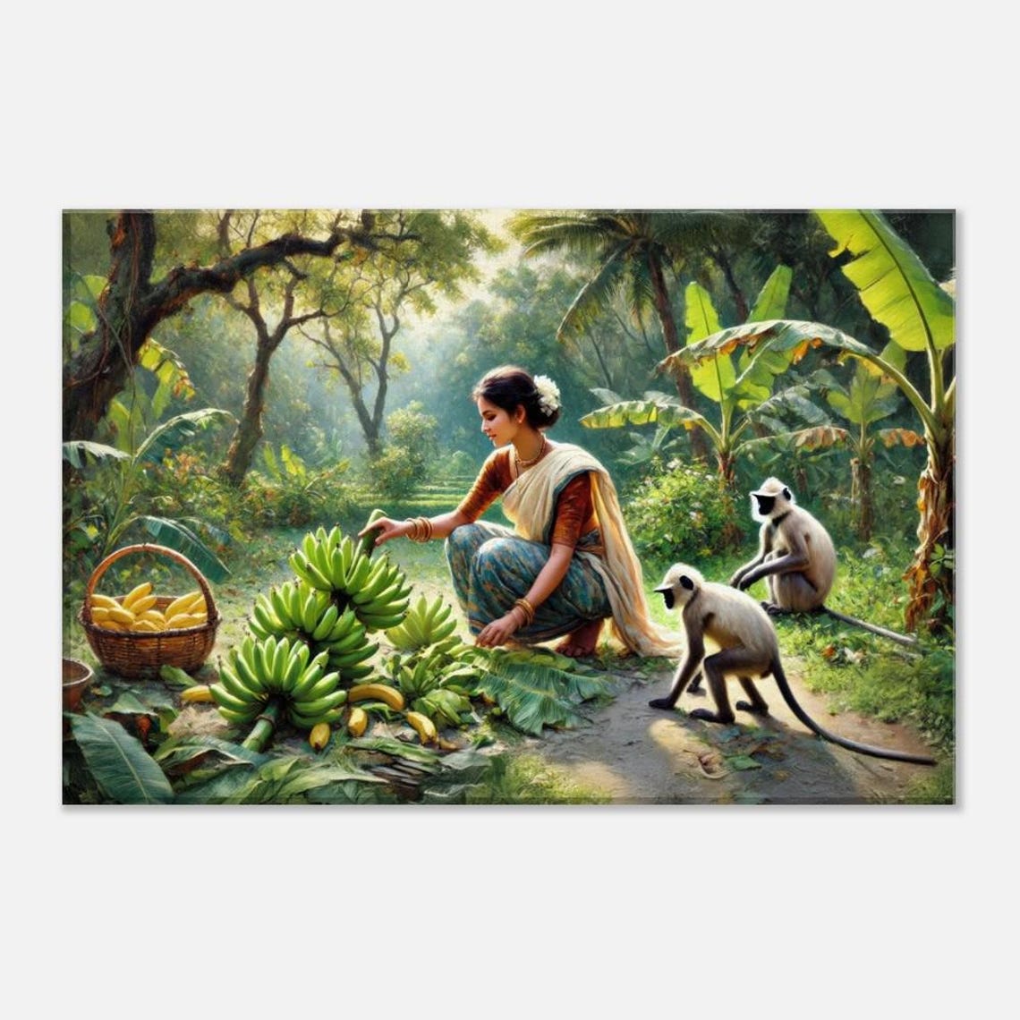Canvas Art Print Indian Woman in a Garden Harvesting Bananas and ...