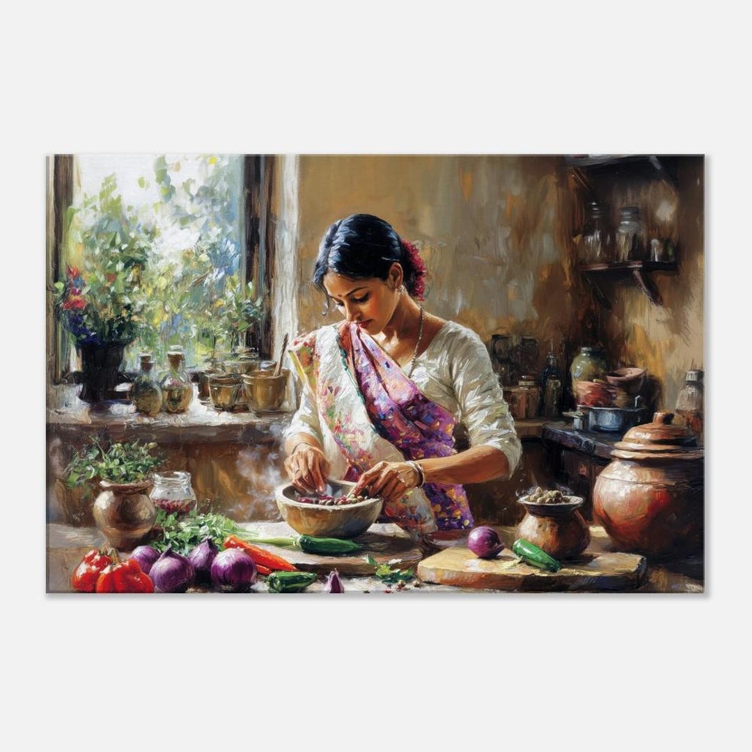 Indian Woman in a Saree in the Kitchen Doing Prep Work Canvas Print ...