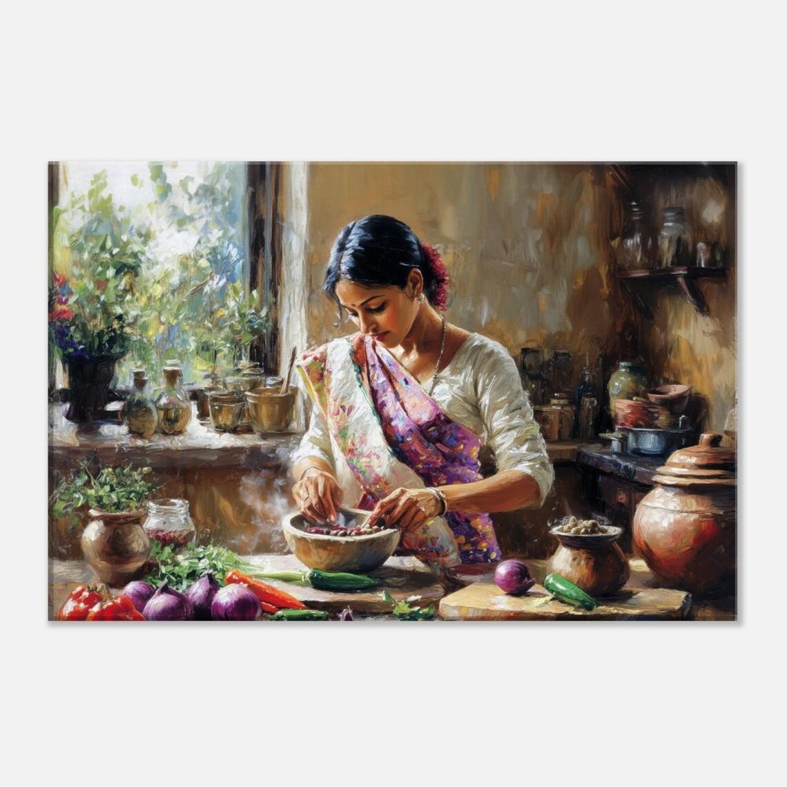 Indian Woman in a Saree in the Kitchen Doing Prep Work Canvas Print ...