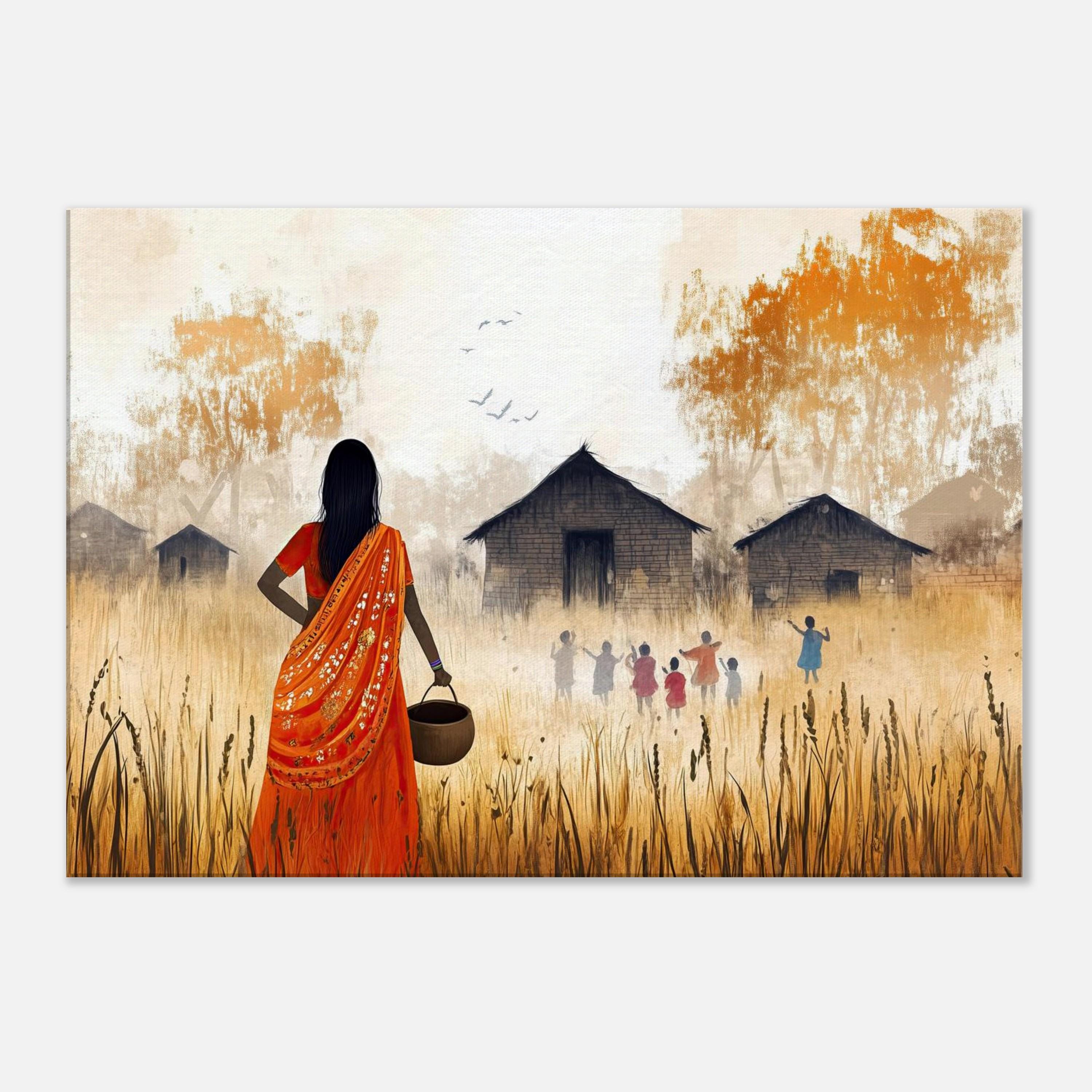 Rustic Village Scene From Rural India Canvas Print, Red and Orange Tone ...