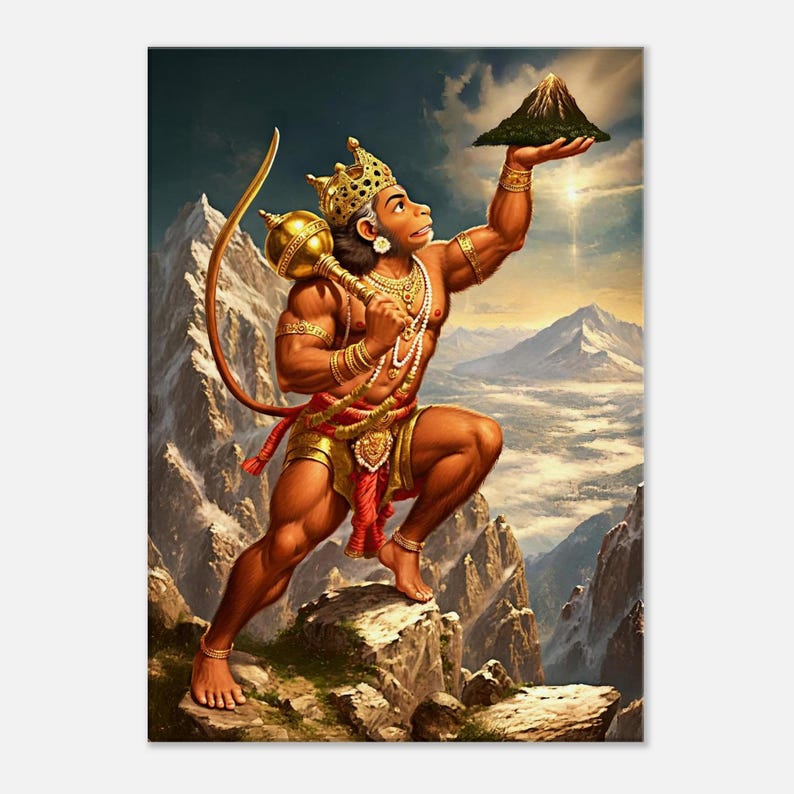 Lord Hanuman Lifts the Dronagiri Mountain Canvas Print, Wall Art Indian ...