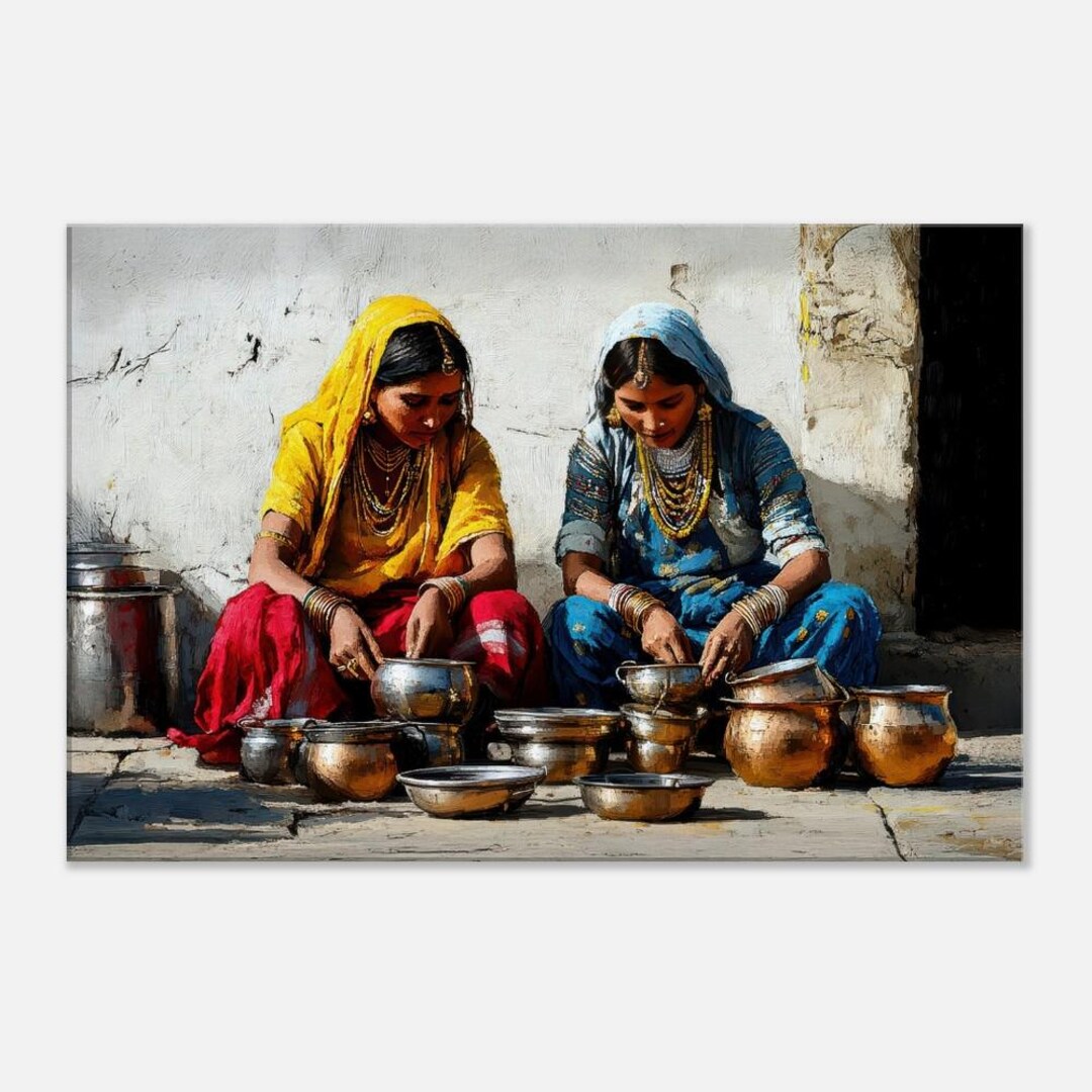 Two Indian Tribal Woman Setting up to Sell Metalware Canvas Print, Wall ...
