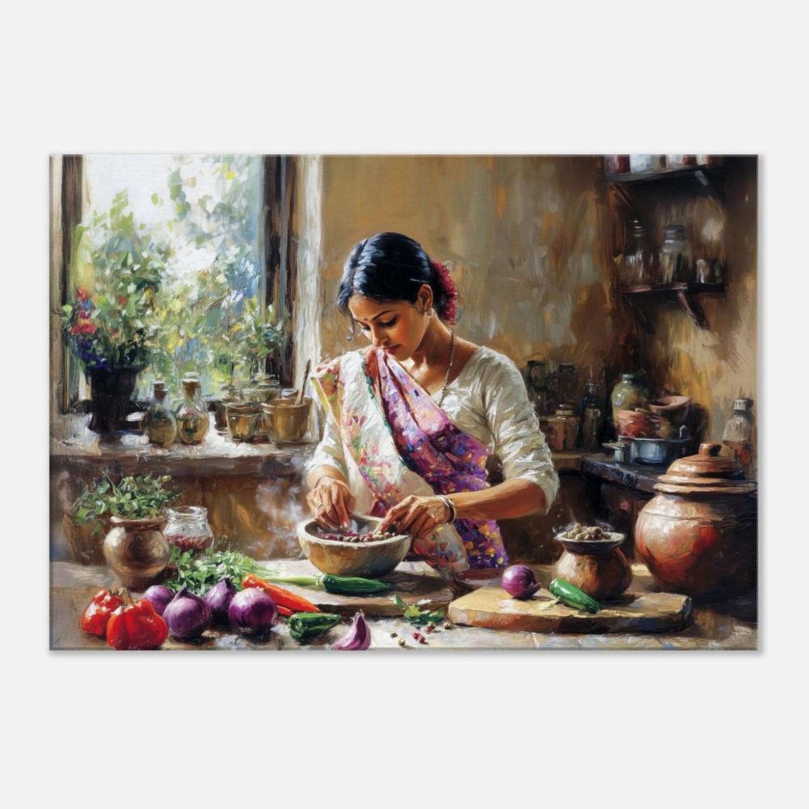 Indian Woman in a Saree in the Kitchen Doing Prep Work Canvas Print ...